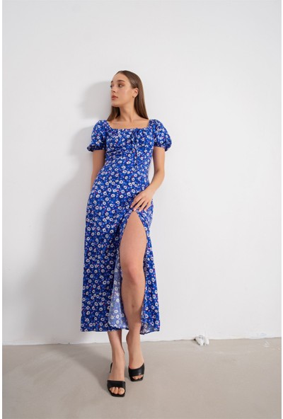 MyLove Yırtmaçlı Papatya Desen Elbise Saks Mavisi