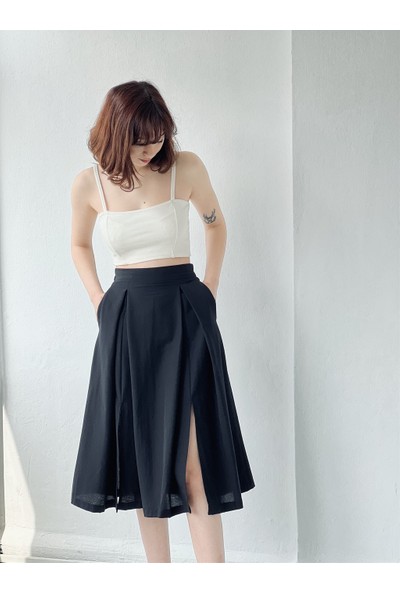 Retrobird Yırtmaçlı Yüksek Bel Etek (Cepli) Kadın Siyah