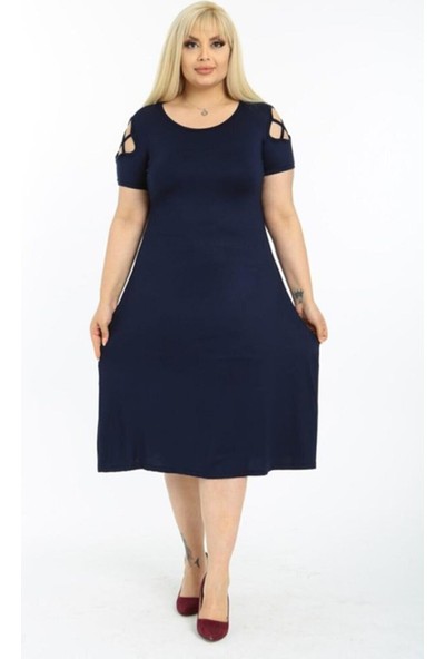 Siyah Kadın Lacivert Büyük Beden Biye Detaylı Viskon Penye Elbise - XXL00015