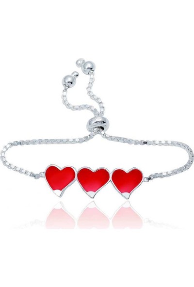 Gümüş Kırmızı Üç Kalp Çocuk Bileklik