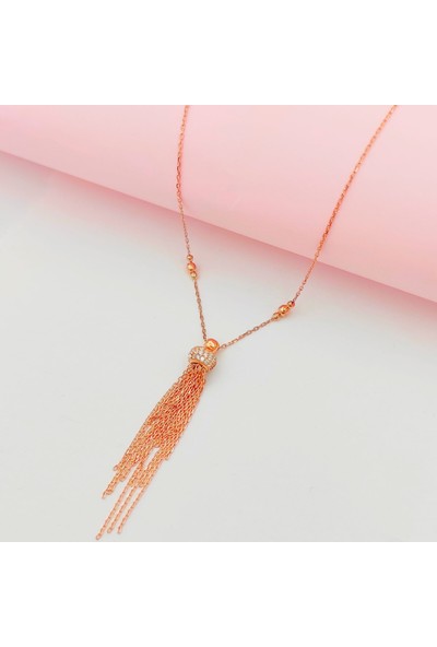 925 Gümüş Gümüş Zirkon Taşlı Püskül Kolye 925 Ayar