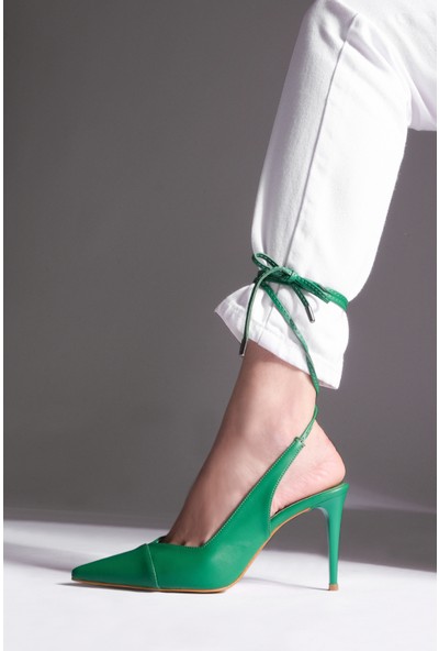 Marjin Kadın Stiletto Bilekten Bağlamalı Arkası Açık Sivri Burun Topuklu Ayakkabı Ribelu