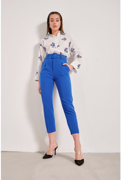 MyLove Kemerli Kumaş Pantolon Saks Mavisi