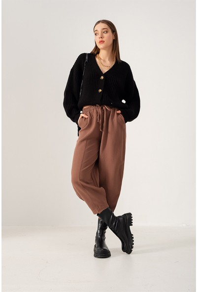 MyLove Bel Bağcıklı Keten Pantolon Kahve MyLove Bel Bağcıklı Keten Pantolon Kahve