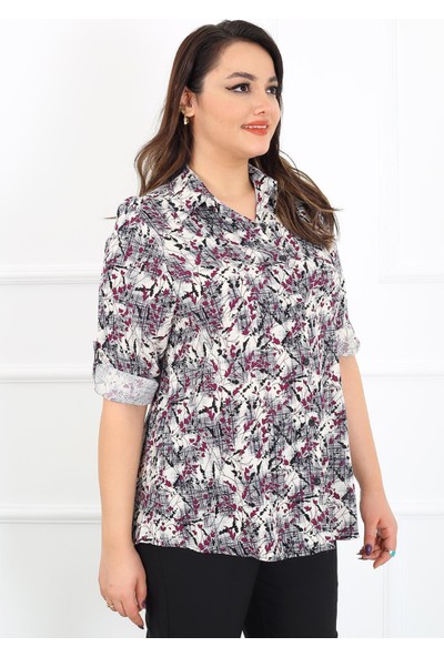 By Alba Collection Kadın Pamuk Viskon Çiçek Desenli Büyük Beden Gömlek Lila