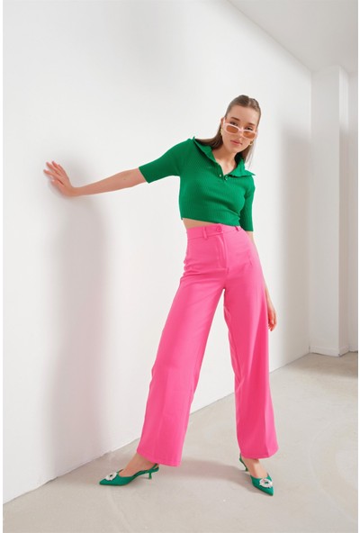 MyLove Pile Detay Palazzo Pantolon Pembe