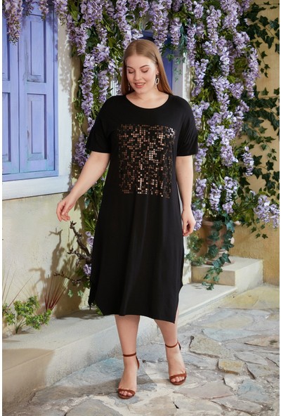 Rmg Baskılı Siyah Büyük Beden Günlük Elbise