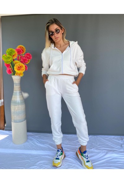 Key Moda Eşofman Takımı Üst Fermuarlı Alt Paça ve Kemer Lastikli Ekru Renk