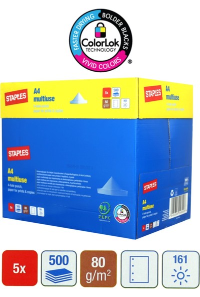Staples (4 Delikli) A4 Fotokopi Kağıdı 1 Koli 80GR 5 Paket 2500 Adet Staples (4 Delikli) A4 Fotokopi Kağıdı 1 Koli 80GR 5 Paket 2500 Adet