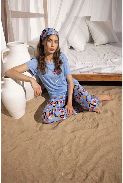 Aydoğan Kadın Mavi Pamuklu Modal Kısa Kollu Pijama Takımı Pt