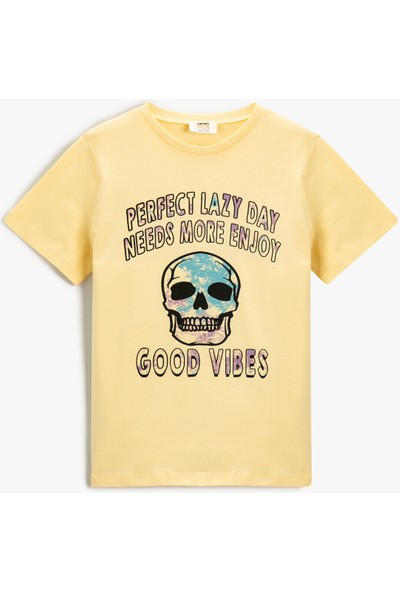 Koton Erkek Çocuk Sloganlı Kurukafa Baskılı Kısa Kollu Tişört Pamuklu Bisiklet Yaka