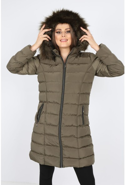 Elegant Life Kadın Haki Yeşili Şişme Uzun Mont Kaban