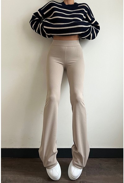 Amazoons Kadın Bej Ispanyol Paça Fitilli Ekstra Yüksek Bel Toparlayıcı Tayt