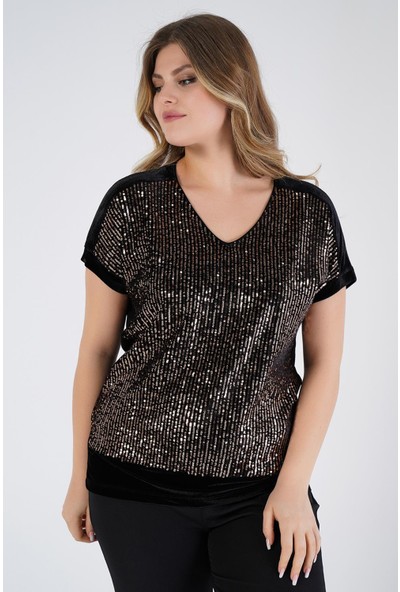 Nelly Büyük Beden Payetli Kol Manşetli V Yaka Bluz
