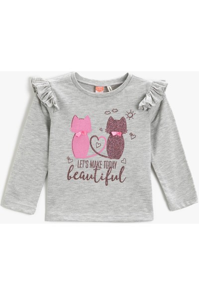 Koton Kedi Baskılı Uzun Kollu Tişört Fırfır Detaylı