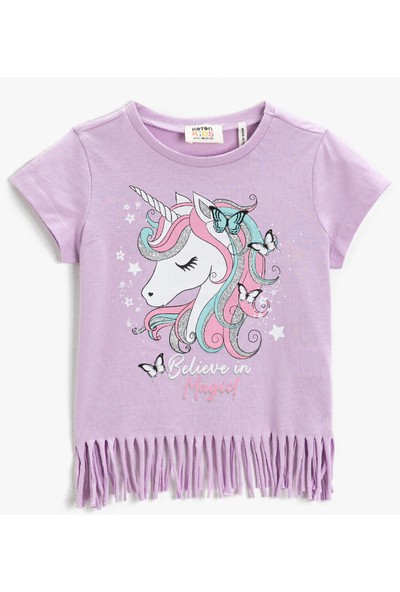 Koton Kız Çocuk Unicorn Baskılı Püsküllü Tişört Kısa Kollu Pamuklu