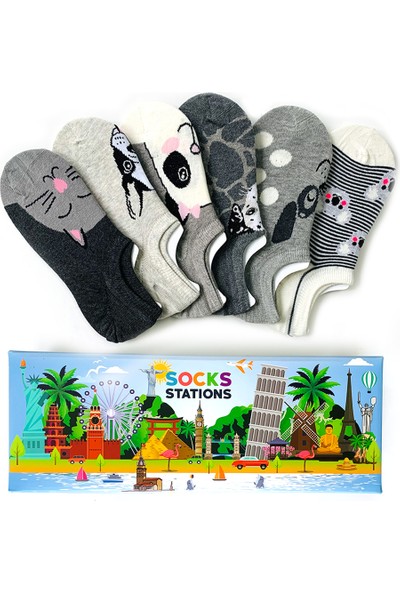Socks Stations Renkli Çorap ve Desenli Çorap Kutusu Hayvan Desenli Patik Çorap -Bilek Çorap- Babet Çorap-6'lı Çorap Seti 3-36-41