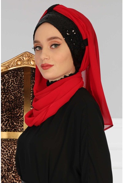 Hn Tekstil Payetli Penye Boneli Şifon Şal Kırmızı Hn Tekstil Payetli Penye Boneli Şifon Şal Kırmızı