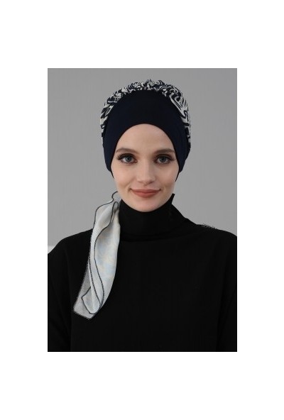 Hn Tekstil Desenli Şifon Hazır Türban Lacivert