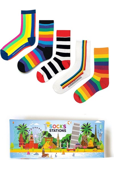 Socks Stations 5'li Renkli Çizgili Desenli Pamuk Çorap Kutusu Socks Stations 5'li Renkli Çizgili Desenli Pamuk Çorap Kutusu