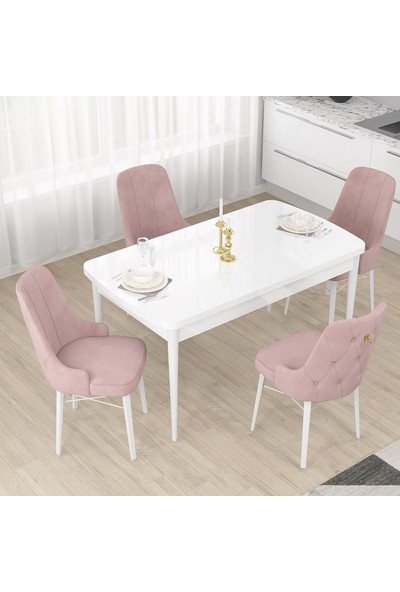 Canisa Concept Sim Serisi, 70X114 Açılabilir Mdf Masa, Beyaz Mutfak Masa Takımı, 4 Sandalye