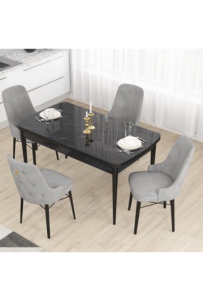 Canisa Concept Sim Serisi, 70X114 Açılabilir Mdf Masa, Siyah Mermer Desen Mutfak Masa Takımı, 4 Adet Sandalye Canisa Concept Sim Serisi, 70X114 Açılabilir Mdf Masa, Siyah Mermer Desen Mutfak Masa Takımı, 4 Adet Sandalye