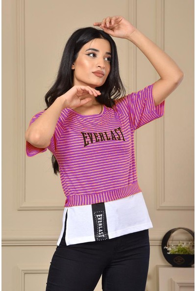 Miss Lady Bisiklet Yaka Kadin T-Shirt Çızgılı