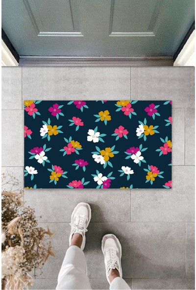 GeoMix Koyu Pembe Kapı Önü Paspası Çiçekler Desen PS951