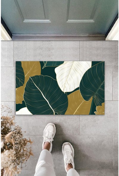 GeoMix Dekoratif Dijital Baskı Koyu Yeşil Yaprak Dış Mekan Paspas PS1165