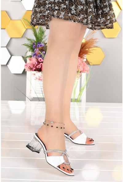 Ayakland 901-2126 Şeffaf 5 cm Topuklu Kadın Terlik Gümüş