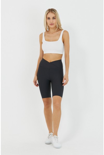 Jineps Yüksek Bel Kruvaze Spor Kısa Şort Tayt Füme Renk 01291