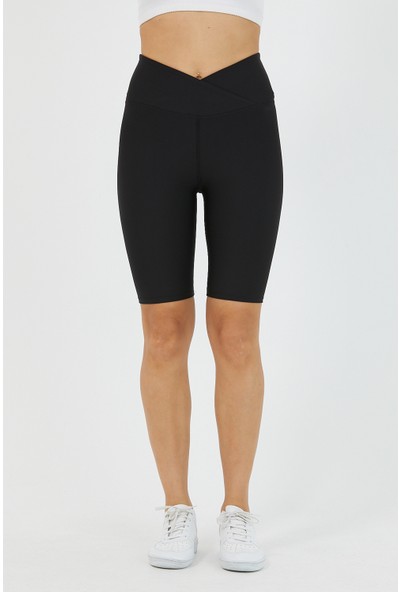 Jineps Yüksek Bel Kruvaze Spor Kısa Şort Tayt Siyah Renk 01291