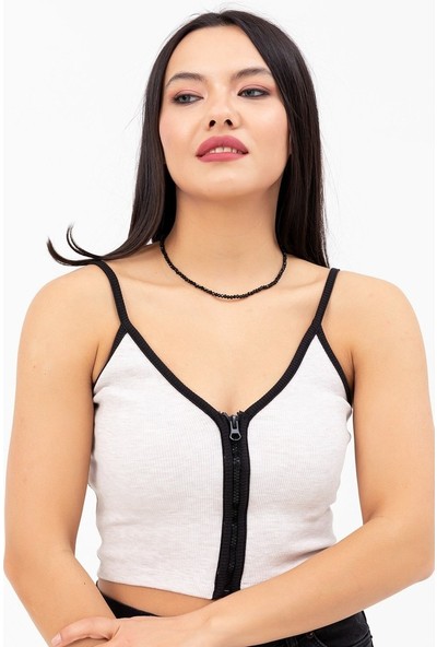 333 Kadın Beyaz Fermuarlı Crop Atlet