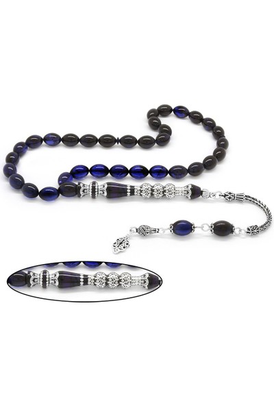 Nipora 925 Ayar Gümüş Püsküllü Gümüş Üç Şerefeli Nakkaş Imameli Süzme Mavi-Siyah Sıkma Kehribar Tesbih Nipora 925 Ayar Gümüş Püsküllü Gümüş Üç Şerefeli Nakkaş Imameli Süzme Mavi-Siyah Sıkma Kehribar Tesbih