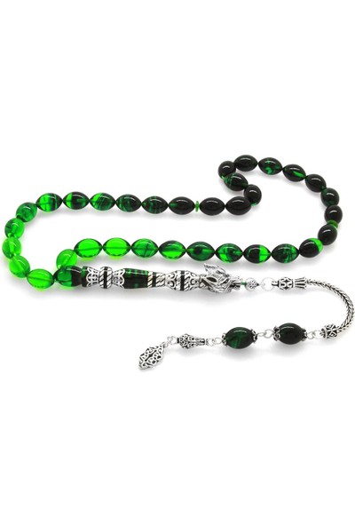 Nipora 925 Ayar Gümüş Nakkaş Imameli Kurt Başı Tasarım Süzme Yeşil-Siyah Ateş Kehribar Tesbih