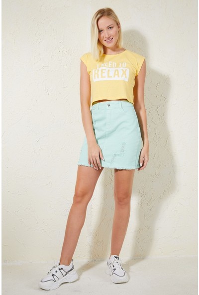 NeskaAvm Yıpratmalı Yüksek Bel Keten Etek