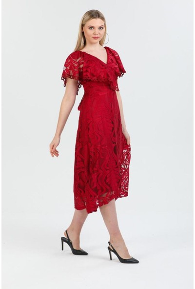 NeskaAvm Dantelli Midi Kırmızı Elbise