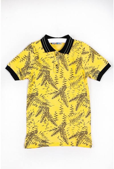 NeskaAvm Yaprak Baskılı Yakalı Sarı T-Shirt