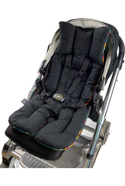 Pamuk Atölyesi Yeşil Orman ve Siyahlı Bebek Arabası Minderi - Çift Taraflı