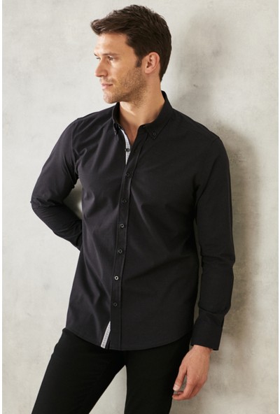 Ac&Co / Altınyıldız Classics Erkek Siyah Slim Fit Düğmeli Yaka %100 Pamuk Düz Casual Gömlek