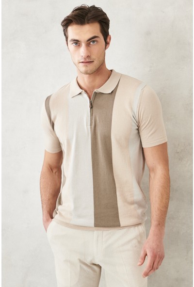 Altınyıldız Classıcs Erkek Gri Yeşil Standart Fit Polo Yaka Pamuk Çizgili Triko Tişört