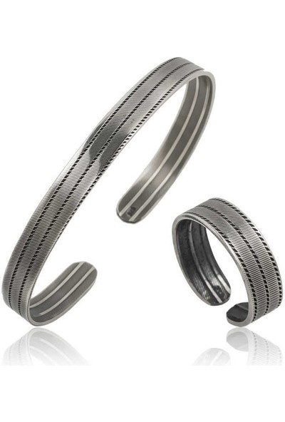Gumush Gümüş Çizgi Desenli Bileklik ve Yüzük Set