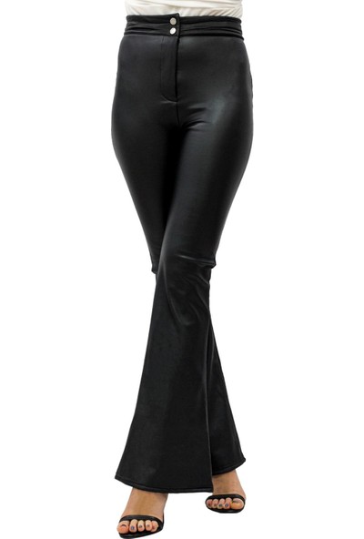 Bonita Yüksek Bel Deri Çakımlı İspanyol Paça Deri Pantolon