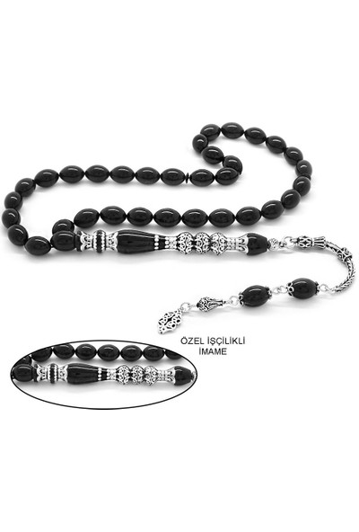 Nipora 925 Ayar Gümüş Püsküllü Gümüş Üç Şerefeli Nakkaş Imameli Siyah Sıkma Kehribar Tesbih