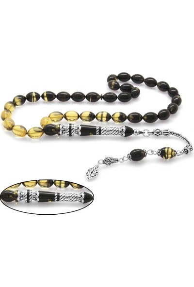 Nipora 925 Ayar Gümüş Püsküllü Gümüş Nakkaş Imameli Süzme Siyah-Beyaz Ateş Kehribar Tesbih