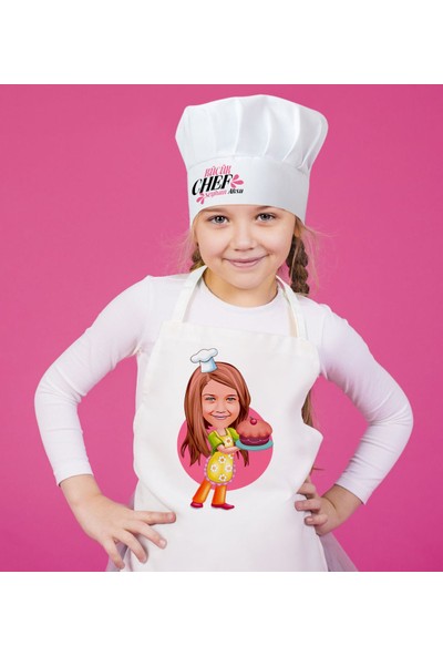 Kişiye Özel Küçük Chef Karikatürlü Kız Çocuk Mutfak Önlüğü ve Aşçı Şapkası Seti-8 Kişiye Özel Küçük Chef Karikatürlü Kız Çocuk Mutfak Önlüğü ve Aşçı Şapkası Seti-8