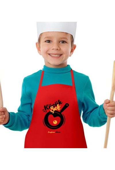 BK Kişiye Özel Küçük Şef Tasarımlı Erkek Çocuk Kırmızı Mutfak Önlüğü-4