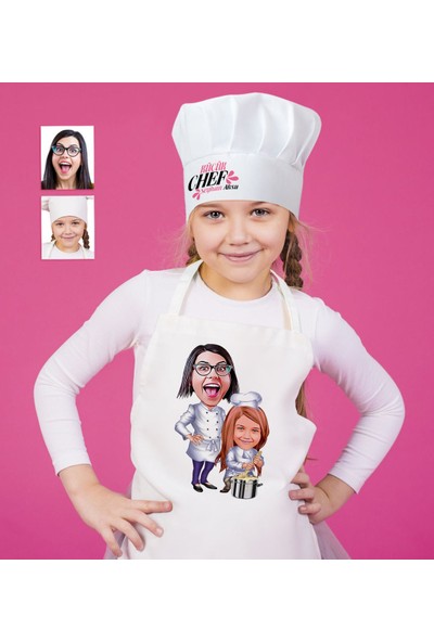 Kişiye Özel Anne Kız Karikatürlü Çocuk Mutfak Önlüğü ve Aşçı Şapkası Seti-1
