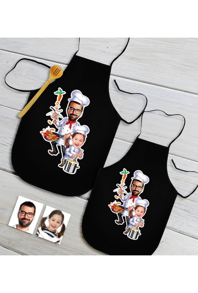 BK Kişiye Özel Ikili Baba Kız Karikatürlü Siyah Mutfak Önlüğü Seti-1