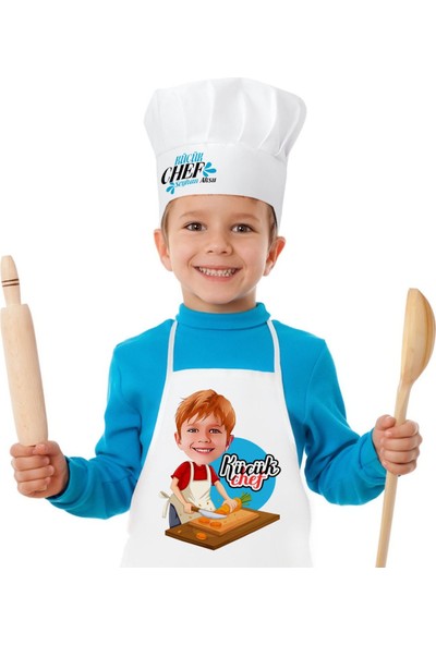 Kişiye Özel Küçük Chef Karikatürlü Erkek Çocuk Mutfak Önlüğü Aşçı Şapkası Seti-4 Kişiye Özel Küçük Chef Karikatürlü Erkek Çocuk Mutfak Önlüğü Aşçı Şapkası Seti-4